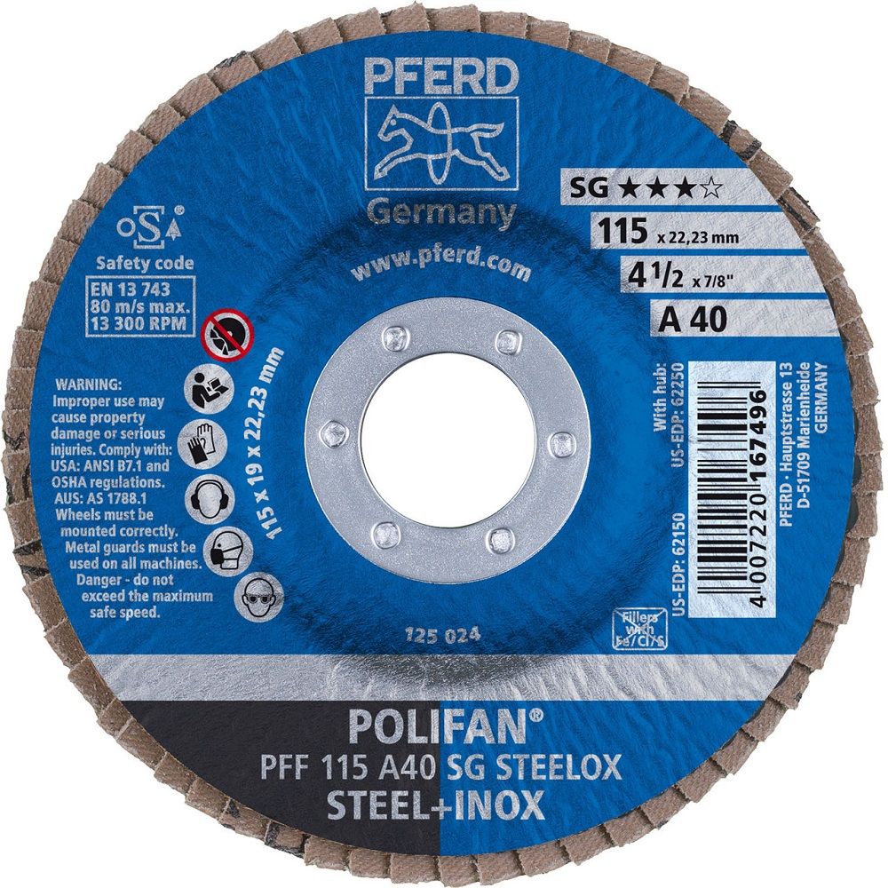 PFERD TOOLS POLIFAN flap discs aluminium oxide A SG STEELOX, 4-1/2" Diameter x 40 Grit
