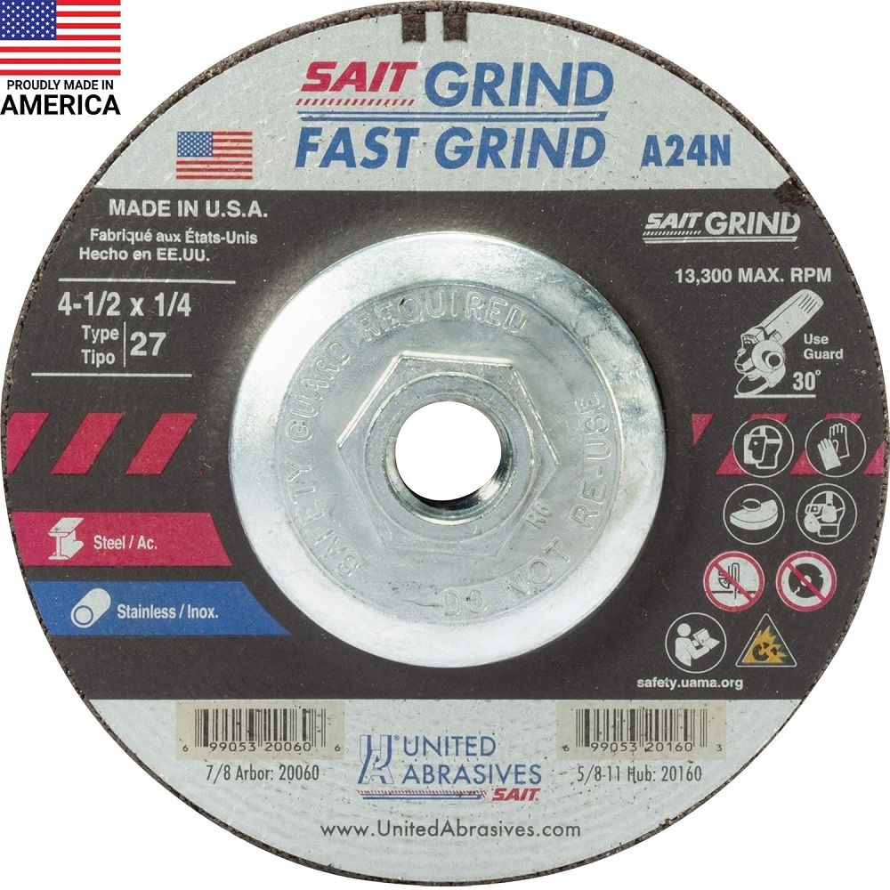 United Abrasives A24N AO Grinding Wheel, 4-1/2" X 1/4" X 5/8"-11