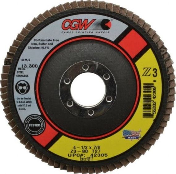 Camel Grinding Wheels Premium Zirconia Z3 Flap Disc, 4-1/2" X 7/8", 80 Grit